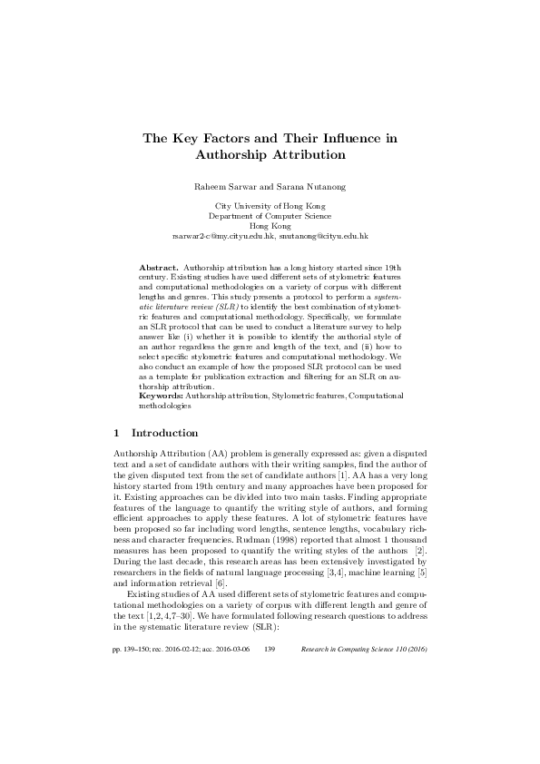 (PDF) The Key Factors and Their Influence in Authorship Attribution