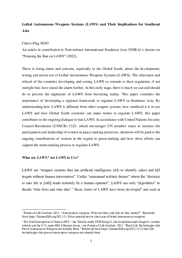 (PDF) Lethal Autonomous Weapons Systems (LAWS) and Their Implications for Southeast Asia