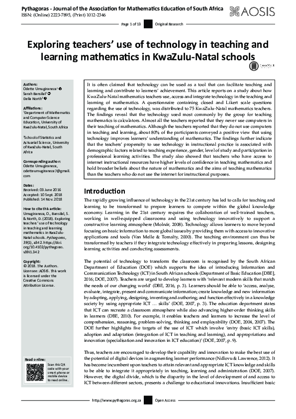 (PDF) Exploring teachers’ use of technology in teaching and learning ...