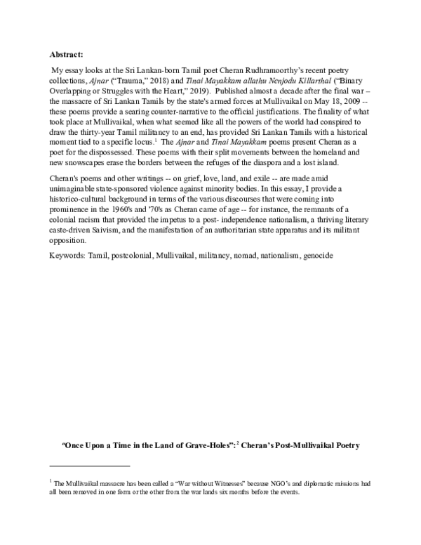 (DOC) ‘Once Upon a Time in the Land of Grave-Holes’: Cheran’s Poetry in ...