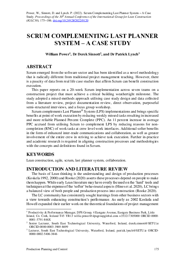 (PDF) Scrum Complementing Last Planner System – a Case Study