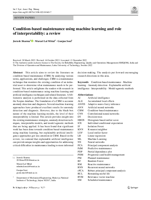 (PDF) Condition-based maintenance using machine learning and role of interpretability: a review