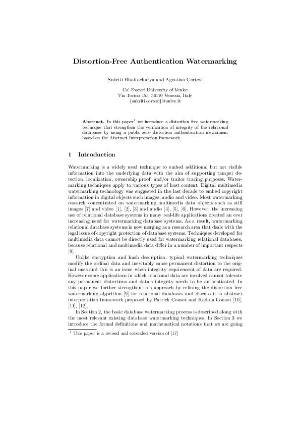 (PDF) Distortion-Free Authentication Watermarking