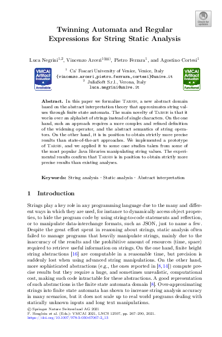 (PDF) Twinning Automata and Regular Expressions for String Static Analysis