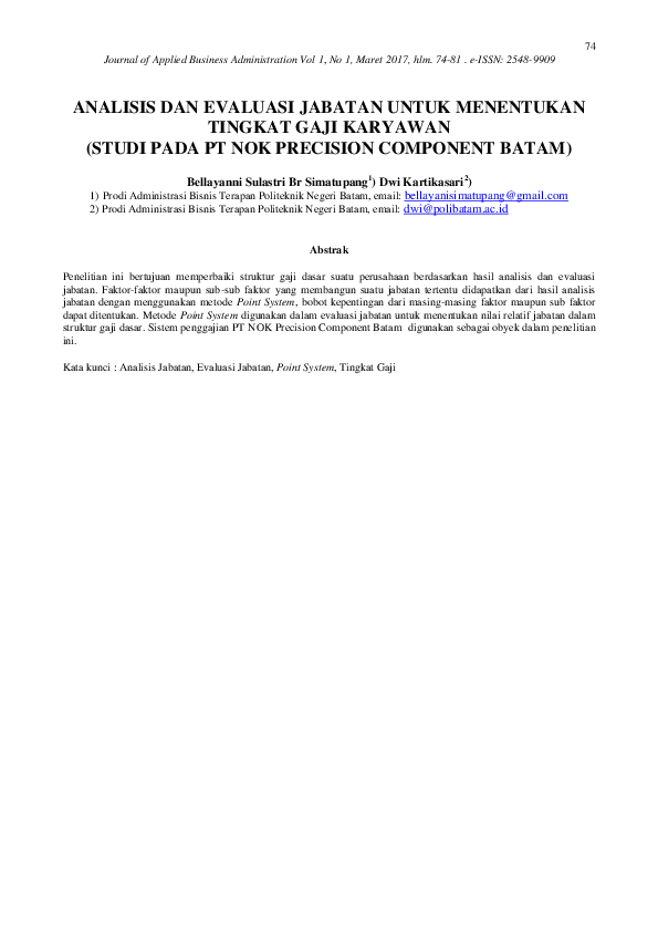 (PDF) Analisis Dan Evaluasi Jabatan Untuk Menentukan Tingkat Gaji Karyawan