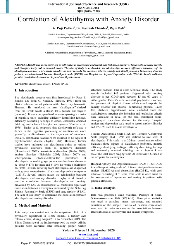 (PDF) Correlation of Alexithymia with Anxiety Disorder