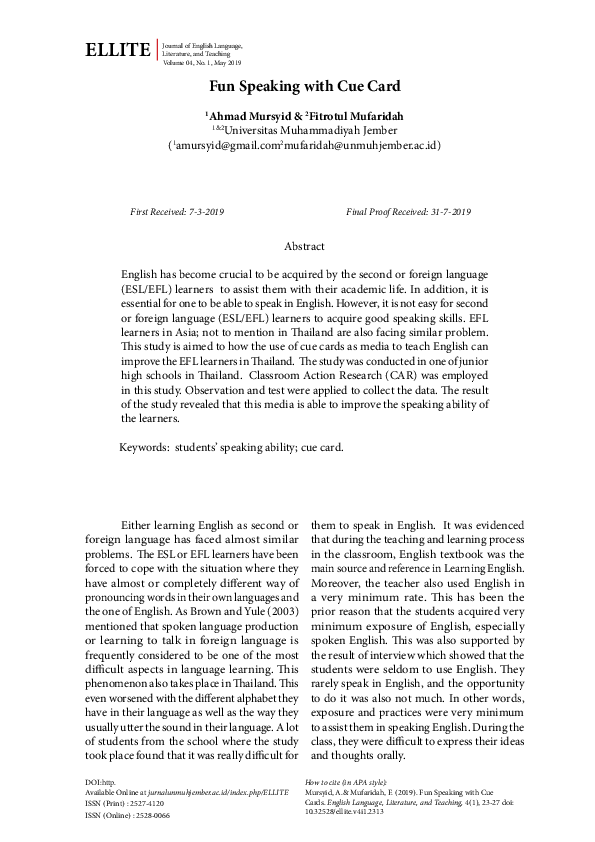 (PDF) Fun Speaking with Cue Card