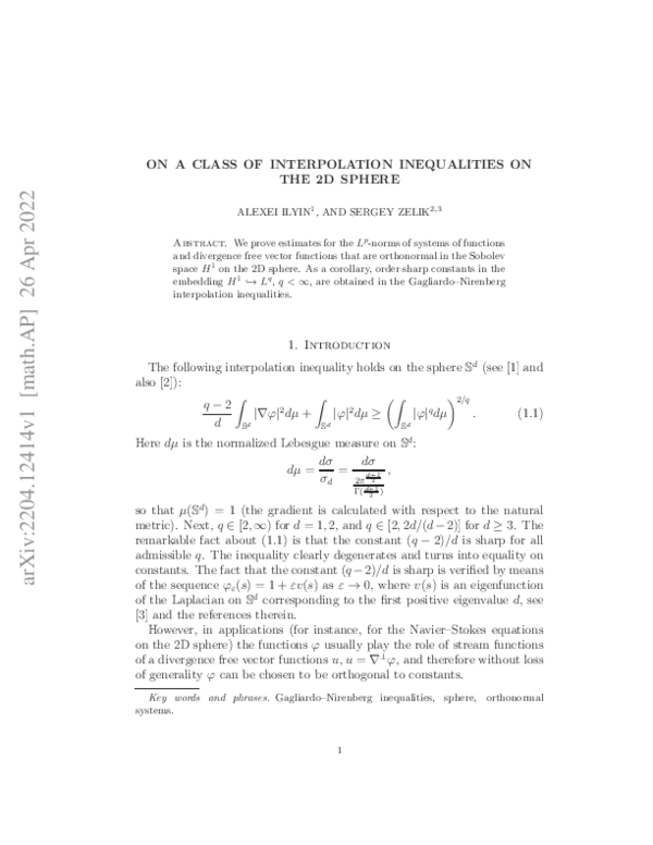 (PDF) On a class of interpolation inequalities on the 2D sphere