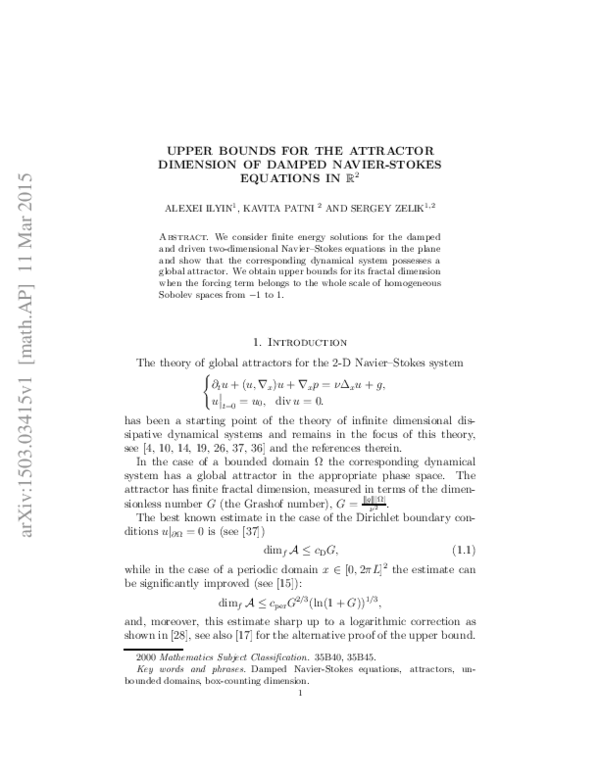 (PDF) Upper bounds for the attractor dimension of damped Navier-Stokes equations in $\mathbb R^2$