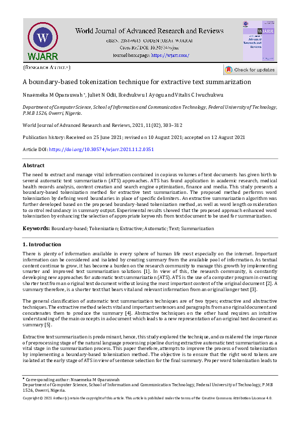 Pdf A Boundary Based Tokenization Technique For Extractive Text Summarization Ikechukwu 