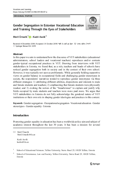 (PDF) Gender Segregation in Estonian Vocational Education and Training Through the Eyes of ...