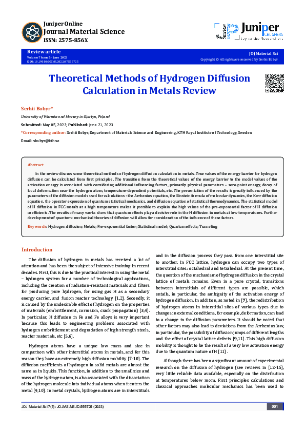 (PDF) Theoretical Methods of Hydrogen Diffusion Calculation in Metals Review