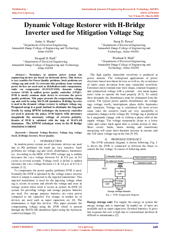 (PDF) Dynamic Voltage Restorer with H-Bridge Inverter used for Mitigation Voltage Sag