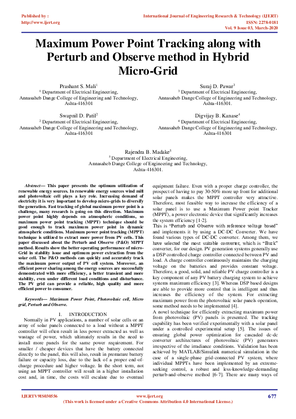 (PDF) Maximum Power Point Tracking along with Perturb and Observe method in Hybrid Micro-Grid