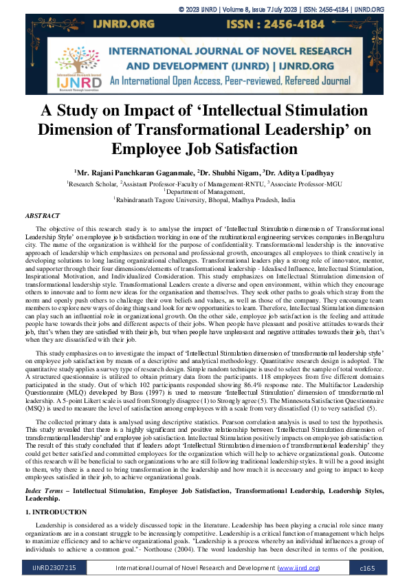 (PDF) A Study on Impact of 'Intellectual Stimulation Dimension of Transformational Leadership ...