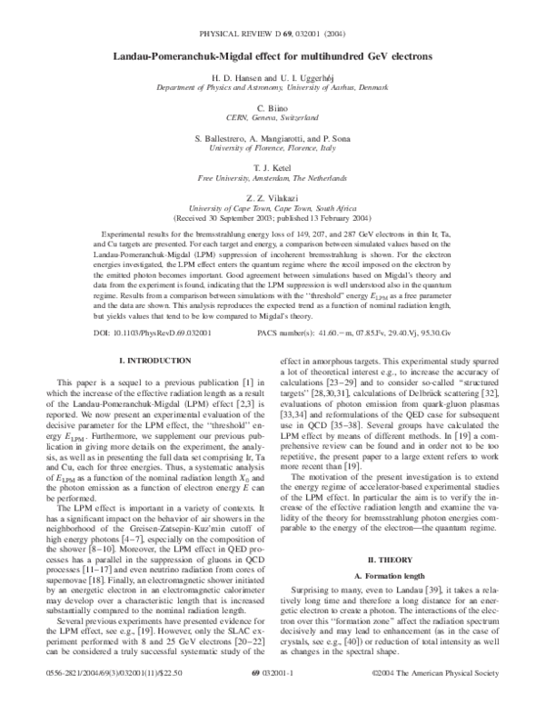 (PDF) Landau-Pomeranchuk-Migdal effect for multihundred GeV electrons