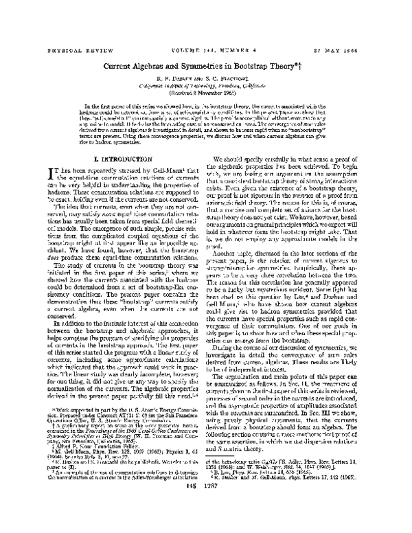 (PDF) Current Algebras and Symmetries in Bootstrap Theory