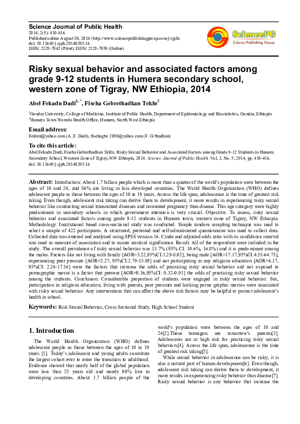 (PDF) Risky Sexual Behavior and Associated Factors among Grade 9-12 Students in Humera Secondary ...