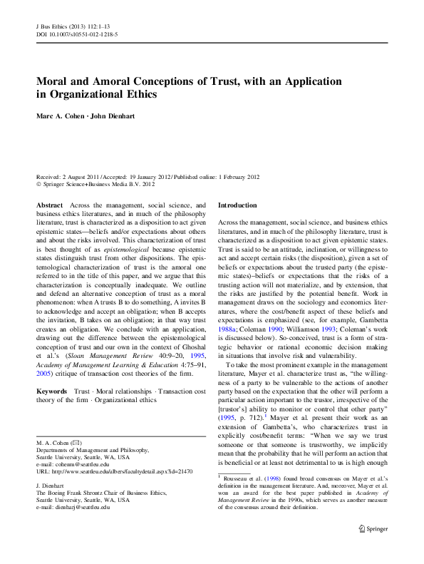 (PDF) Moral and Amoral Conceptions of Trust, with an Application in ...