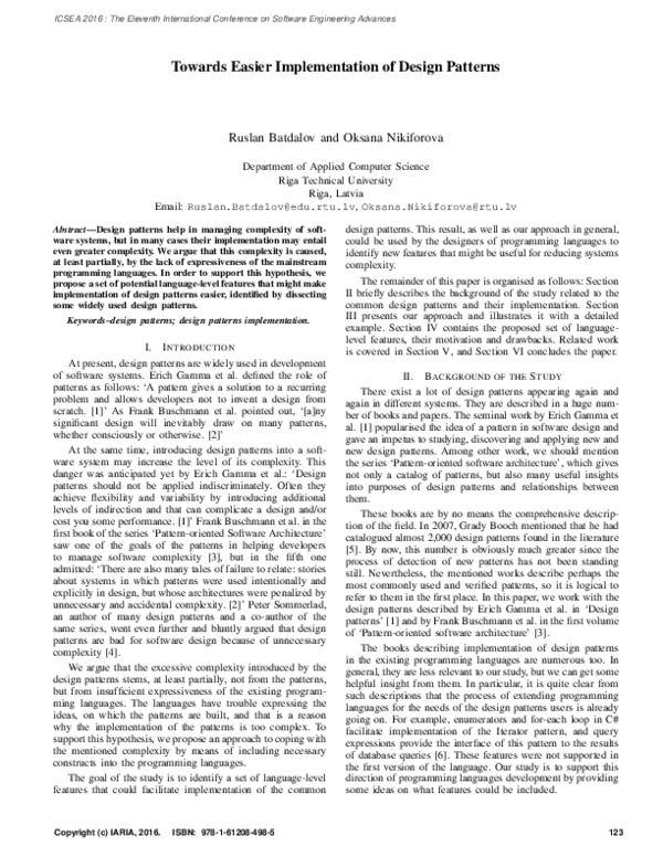 (PDF) Towards Easier Implementation of Design Patterns