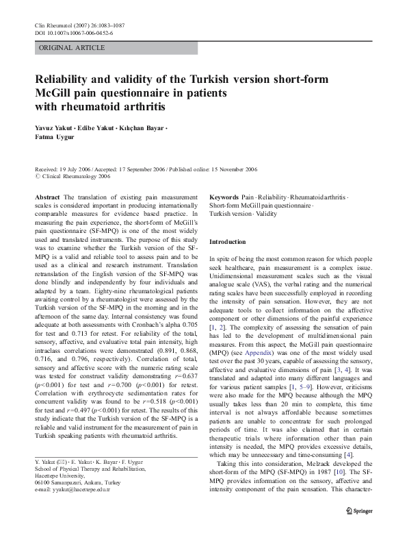 (PDF) Reliability and validity of the Turkish version short-form McGill pain questionnaire in ...