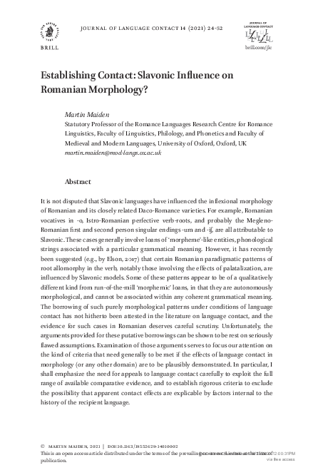 (PDF) Establishing Contact: Slavonic Influence on Romanian Morphology?