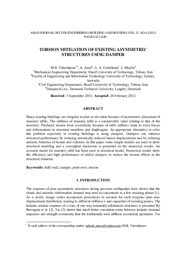 (PDF) Torsion mitigation of existing asymmetric structures using damper