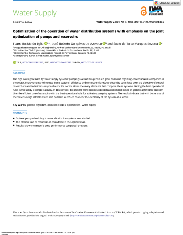 Pdf Optimization Of The Operation Of Water Distribution Systems With Emphasis On The Joint