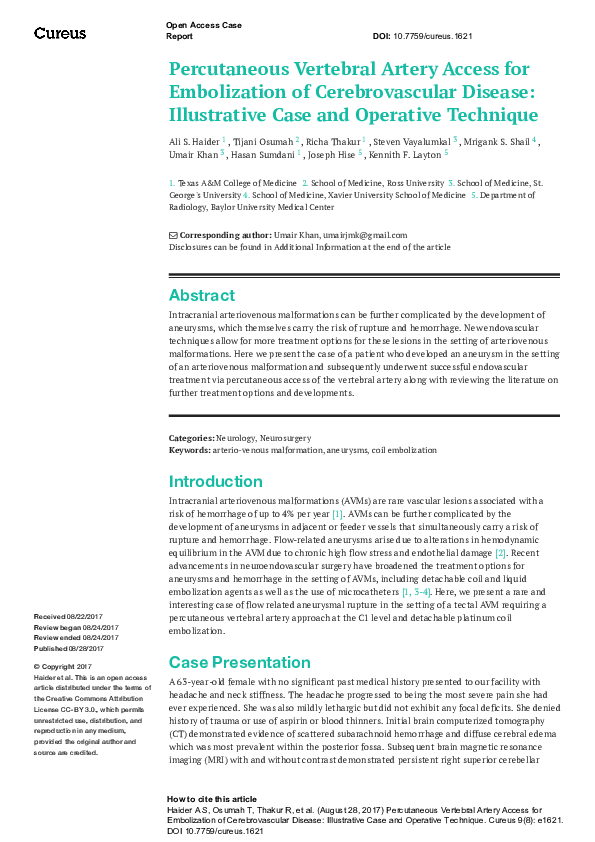 (PDF) Percutaneous Vertebral Artery Access for Embolization of ...