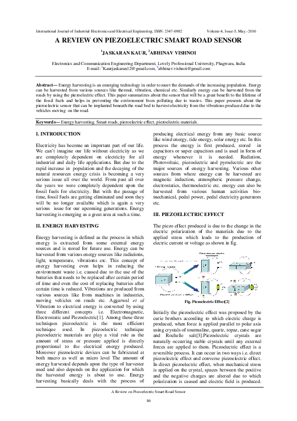 (PDF) A Review on Piezoelectric Smart Road Sensor 1