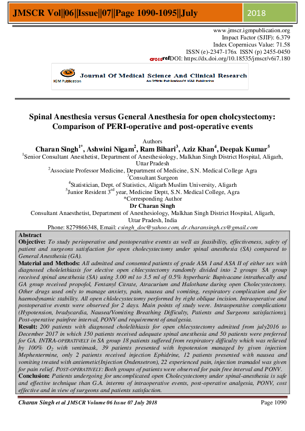 (PDF) Spinal Anesthesia versus General Anesthesia for open ...