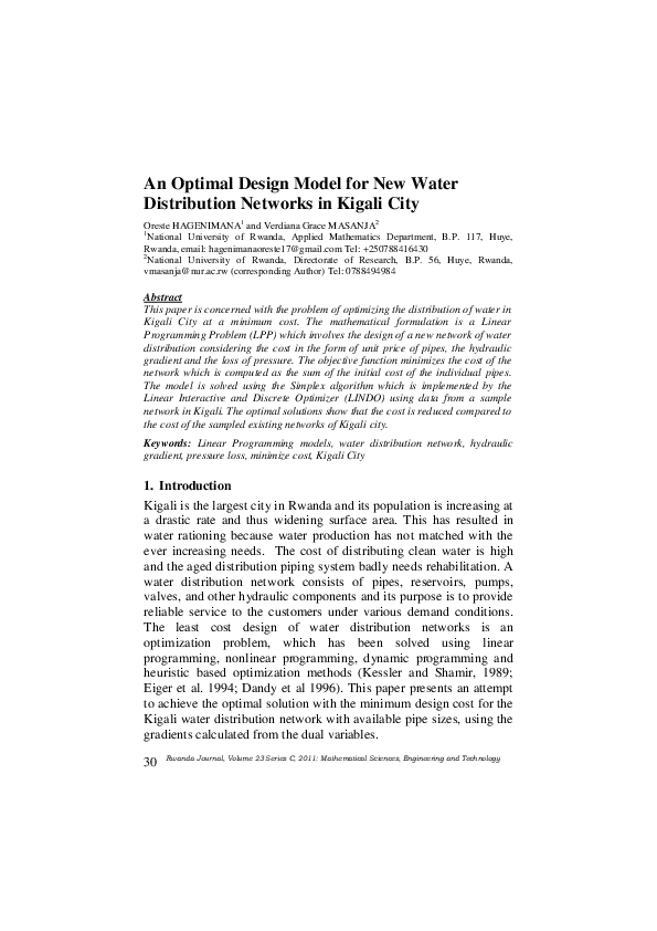 (PDF) An Optimal Design Model for New Water Distribution Networks in Kigali City
