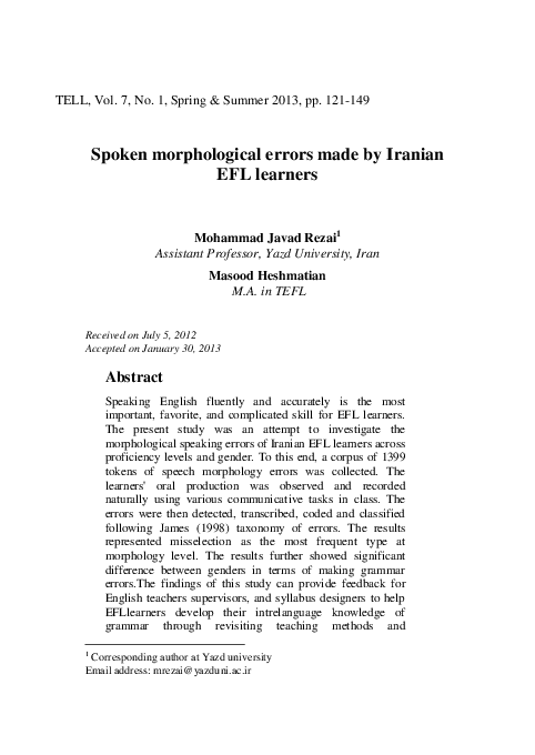 (PDF) Spoken morphological errors made by Iranian EFL learners