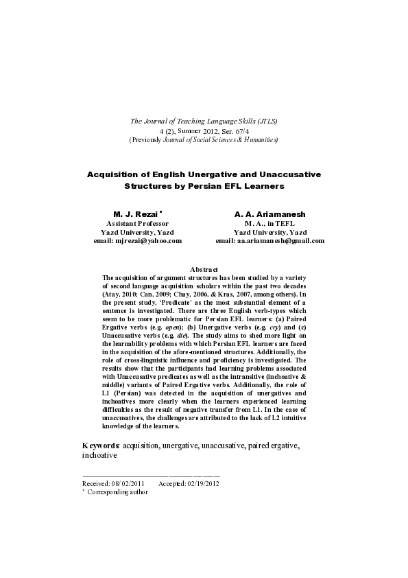 (PDF) Acquisition of English Unergative and Unaccusative Structures by ...