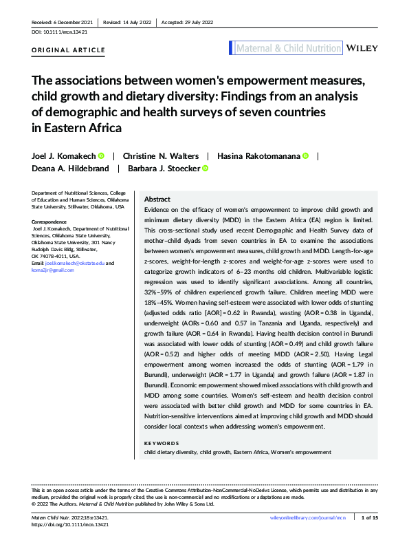 (PDF) The associations between women's empowerment measures, child growth and dietary diversity ...
