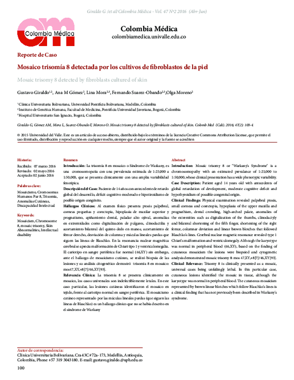 (PDF) Mosaic trisomy 8 detected by fibroblasts cultured of skin