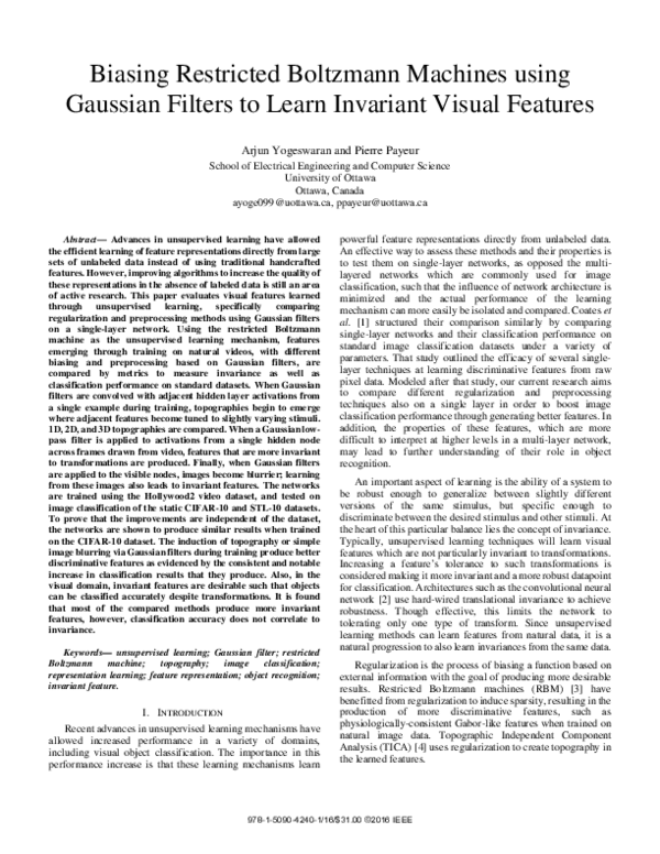 (PDF) Biasing restricted Boltzmann machines using Gaussian filters to learn invariant visual ...