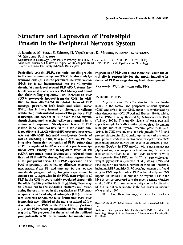 (PDF) Structure and expression of proteolipid protein in the peripheral ...