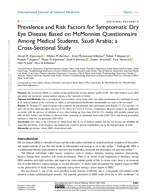 (PDF) Prevalence and Risk Factors for Symptomatic Dry Eye Disease Based ...