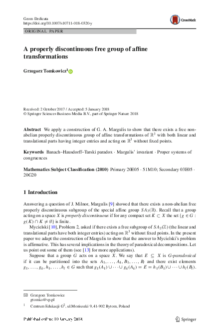 Pdf A Properly Discontinuous Free Group Of Affine Transformations