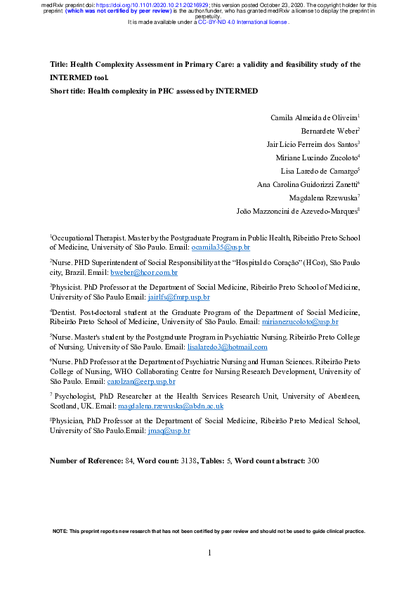 (PDF) Health Complexity Assessment in Primary Care: a validity and feasibility study of the ...