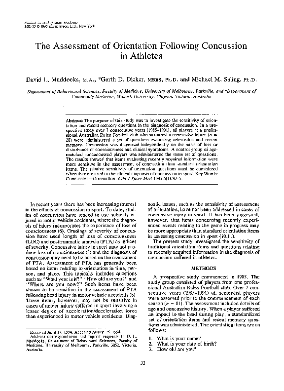 (PDF) The Assessment of Orientation Following Concussion in Athletes