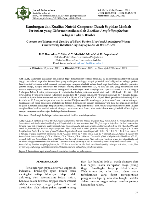 (PDF) Kandungan dan Kualitas Nutrisi Campuran Darah Sapi dan Limbah Pertanian yang ...