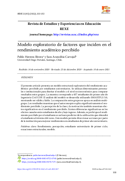 (PDF) Modelo exploratorio de factores que inciden en el rendimiento académico percibido
