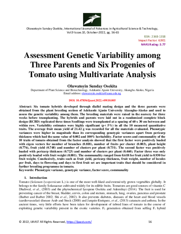 (PDF) Assessment Genetic Variability among Three Parents and Six ...