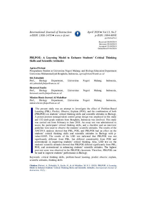 (PDF) PBLPOE: A Learning Model to Enhance Students’ Critical Thinking ...