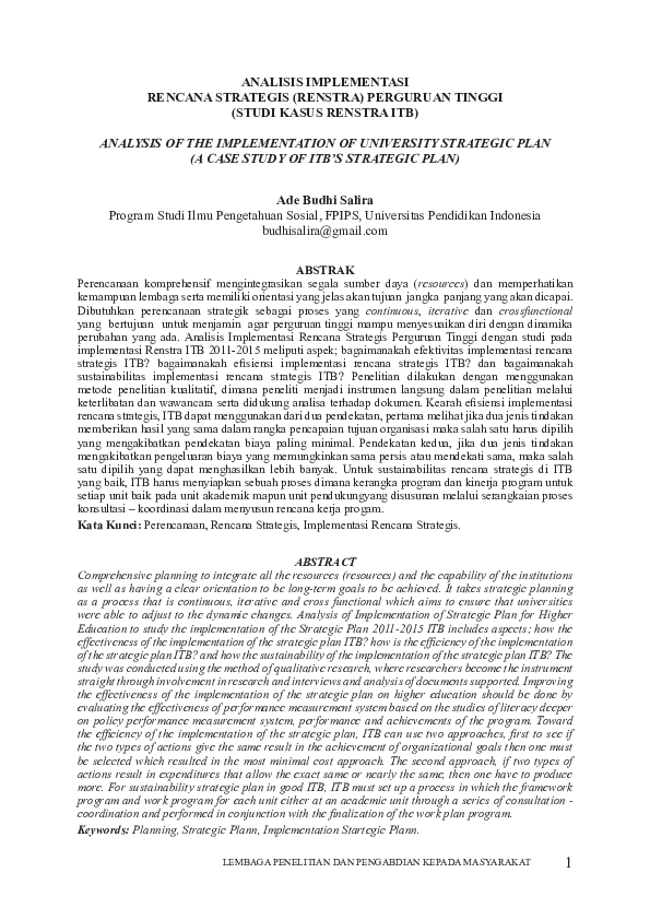 (PDF) Analisis Implementasi Rencana Strategis (Renstra) Perguruan Tinggi (Studi Kasus Renstra Itb)