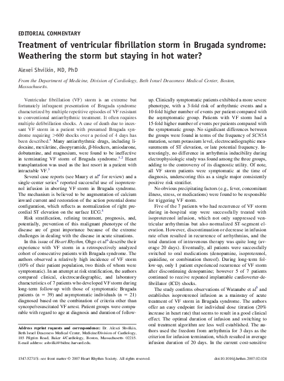 (PDF) Treatment of ventricular fibrillation storm in Brugada syndrome ...