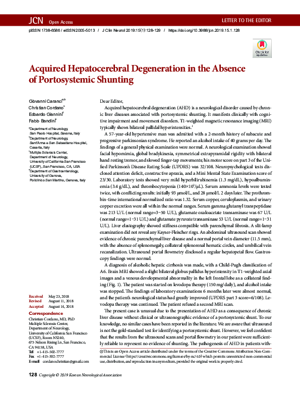 (PDF) Acquired Hepatocerebral Degeneration in the Absence of ...