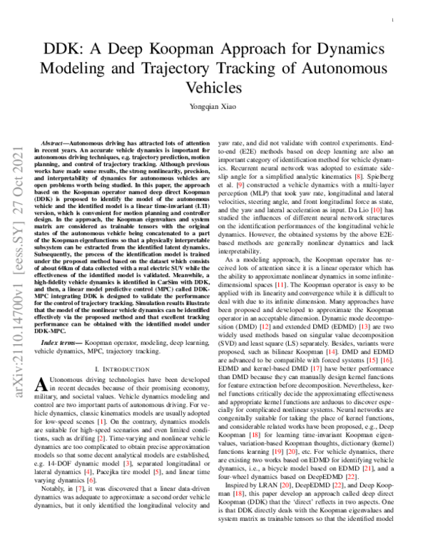 Pdf Ddk A Deep Koopman Approach For Dynamics Modeling And Trajectory Tracking Of Autonomous